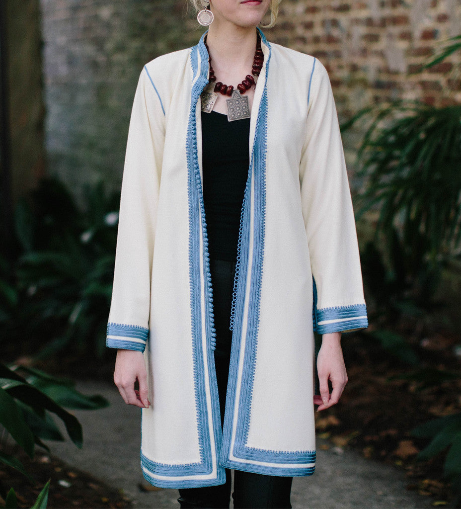 Women's Moroccan Jacket: Sky Blue on White – Ibu Movement